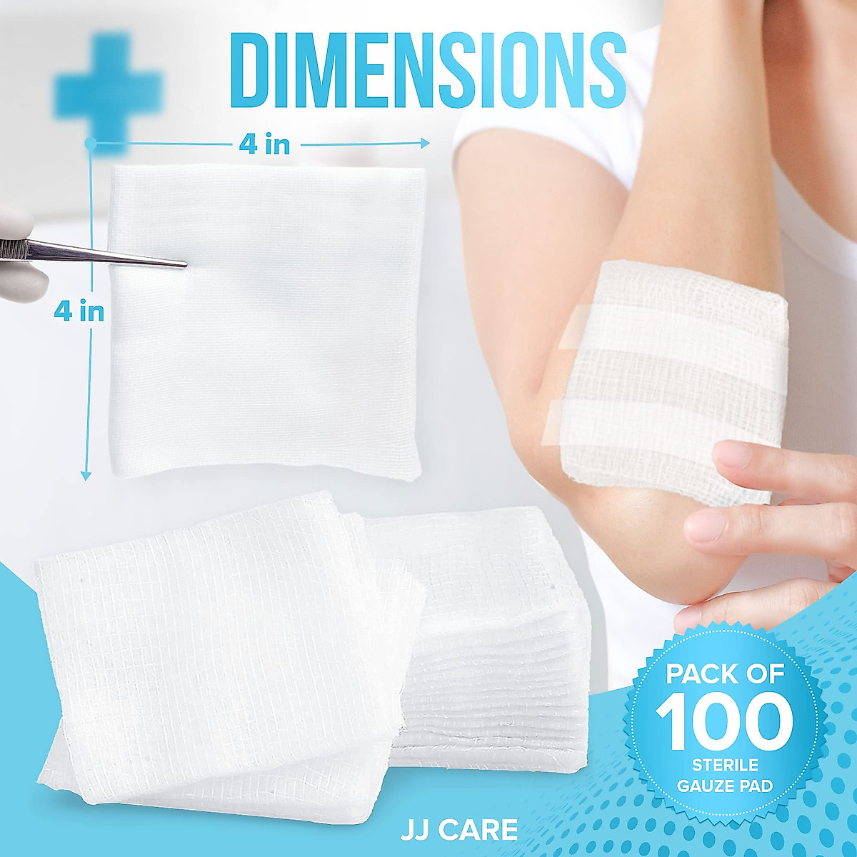 JJ CARE Sterile Gauze Pads 4" x 4" (Pack of 100), 12-Ply Cotton Gauze Pads, Individually-Wrapped Sterile Gauze Sponges, 100% Woven, Non-Stick Medical Gauze Pads for First Aid Kit & Wound Care