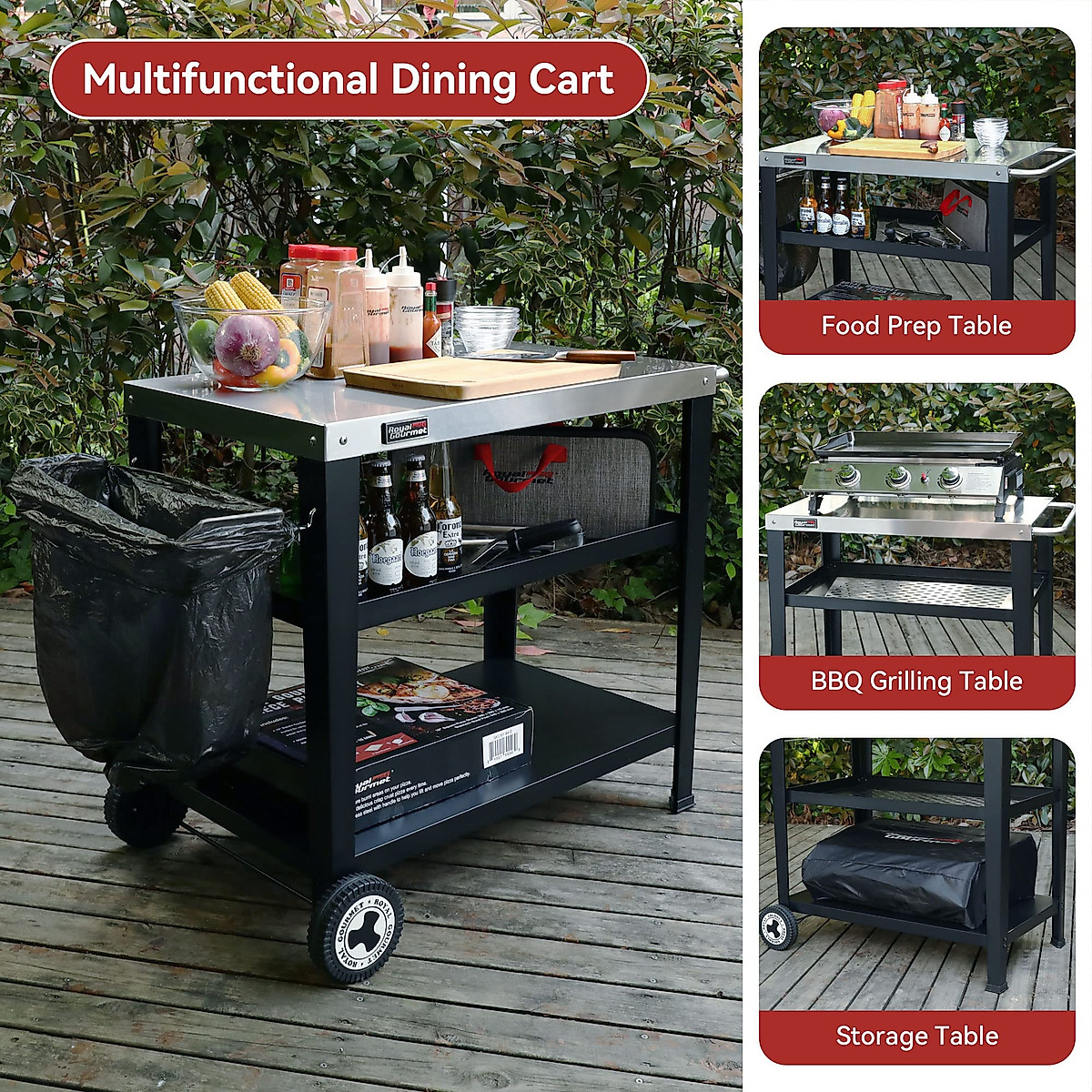 Grills House Movable 3-Shelf Grill Cart with Wheels, 33.5" L x 20" W Stainless Steel Tabletop, Multifunctional Dining Table for Pizza Oven, Food Prep, Outdoor Garden BBQ Trolley, PC-AMZ-3404S, Silver