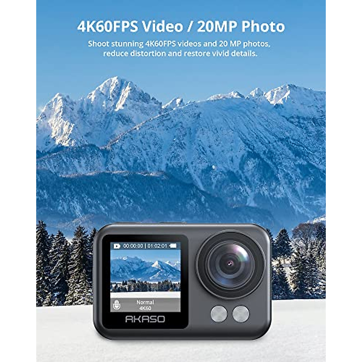 AKASO Brave 4 Elite 4K60fps 20MP Ultra HD Action Camera IPX8 33FT Underwater Camcorder Waterproof Camera with 64GB Storage, Touch Screen, Stabilization 2.0, Built-in 1650mAh Battery and Accessory Kit