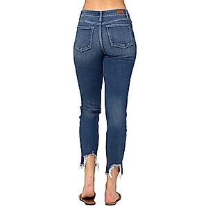 Judy Blue Women's Mid Rise Shark Bite Slim Fit Jeans (14 Plus, Dark Blue)