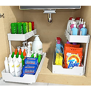 IRONBOX Under Sink Organizer, 2 Pack Pull Out Cabinet Organizer 2-Tier Slide Out Sliding Shelf Under Cabinet Storage for Bathroom Kitchen Sink Organizers and Storage (White-2 Pack)