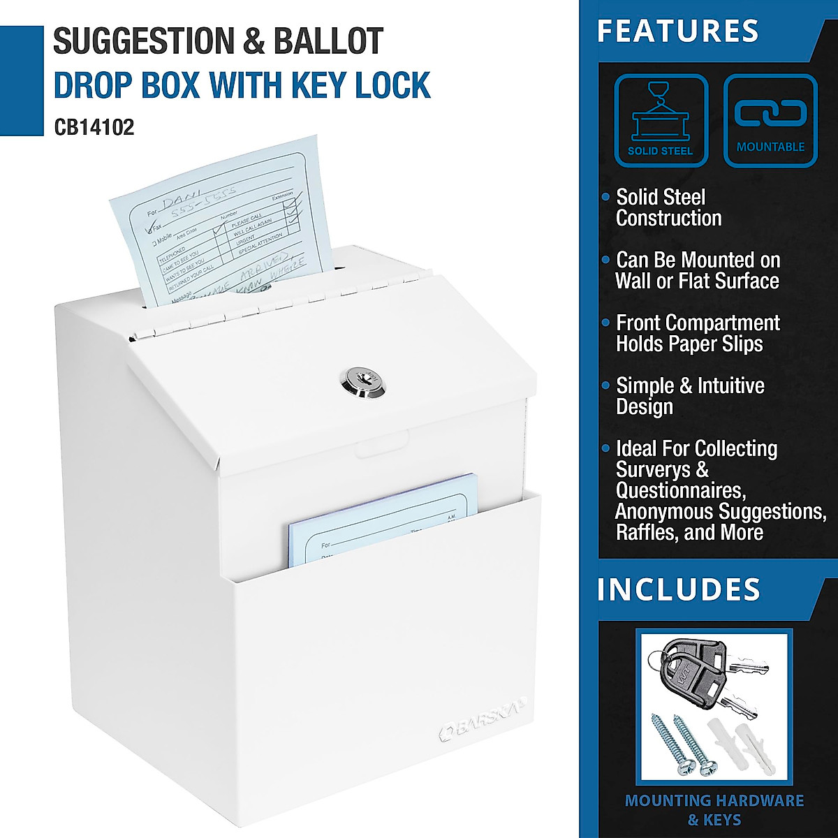 Barska Secure Wall-Mount Suggestion & Ballot Drop Box with Key Lock – For Ballots, Documents & Payments