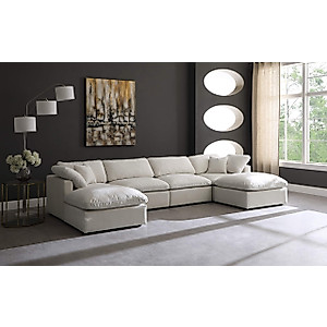 Meridian Furniture 602Cream-Sec6B Plush Collection Contemporary Down Filled Comfort Overstuffed Velvet Upholstered Modular U-Shaped Sectional 4-Seater and 2 Ottomans Cream