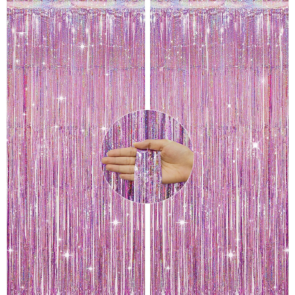 Anwyll Pink Metallic Foil Fringe Backdrop Curtains,2Pack Tinsel Curtain Party Streamers Photo Backdrop for Birthday Decoration,Glitter Pink Backdrop for Wedding Graduation Bachelor Party Decorations