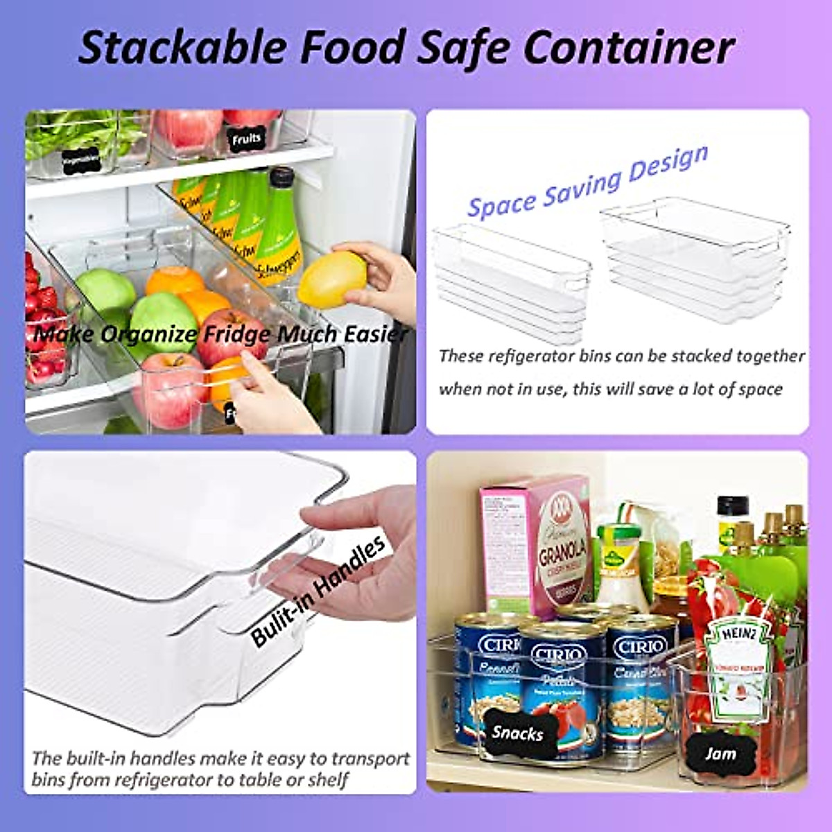 Reliable1st Refrigerator Stackable Organizer Storage Bins Set - 8 PCS clear Pantry Organizers with Handles for Freezer, Kitchen, Cabinets Include Bag Clips， Measuring Cups, Labels and Marker