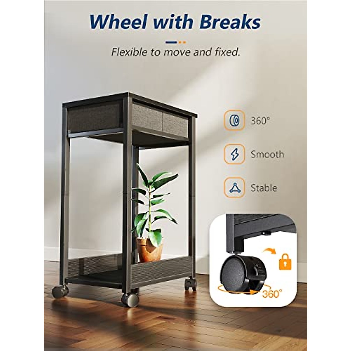 KKL Printer Stand with Storage, Computer Tower Stand with Drawer, Mobile PC Tower Stand Under Desk, CPU Stand Wood Desktop Stand for Home Office, Black & Dark Grey