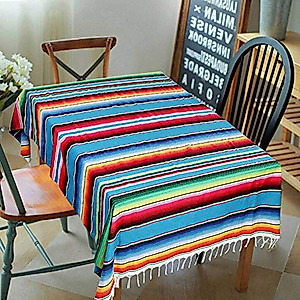 AerWo 59 x 84 Inch Mexican Tablecloth Mexican Serape Blanket for Mexican Party Wedding Cinco De Mayo Fiesta Decorations Outdoor Picnics Dining Table Cover, Large Square Cotton Fringe Table Cloth