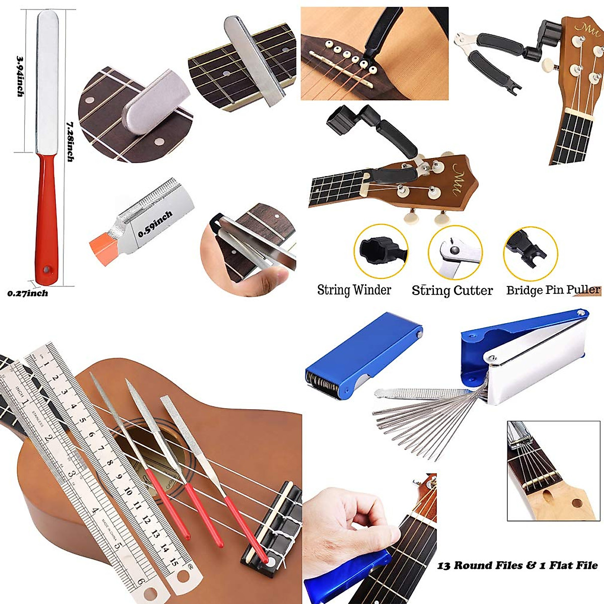 Guitar Tool Kit Repairing Maintenance Tools String Organizer String Action Ruler Gauge Measuring Tool Hex Wrench Set Files Fingerboard Guard Understring Radius Gauges Guitar Fret Rocker Leveling