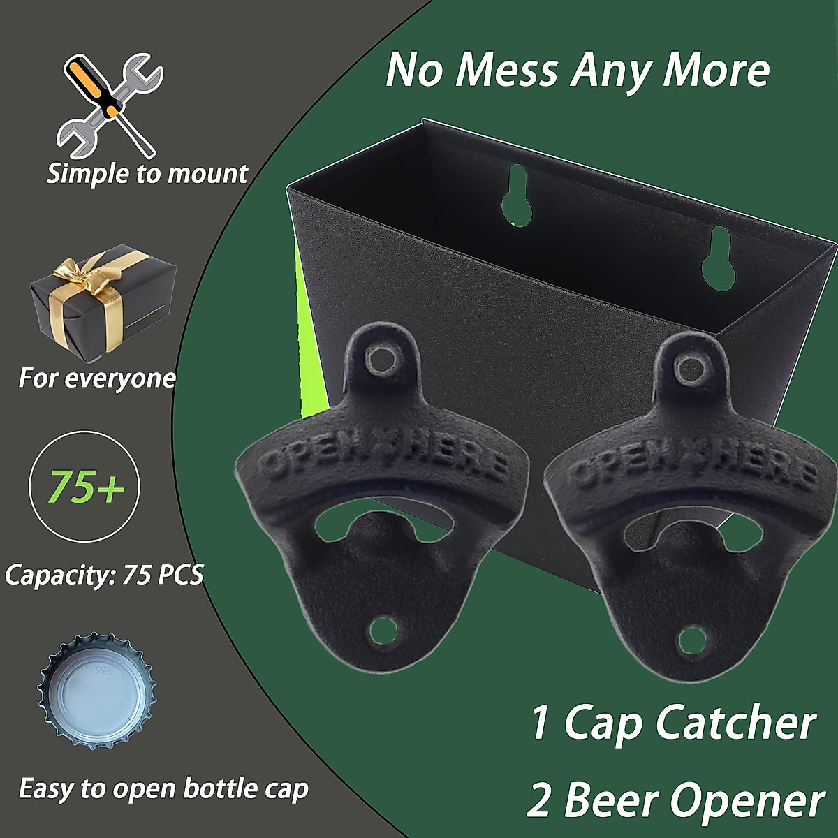 HAIICEN Black Cast Iron Bottle Cap Opener Wall Mount Beer Opener with Cap Catcher Post Mounted