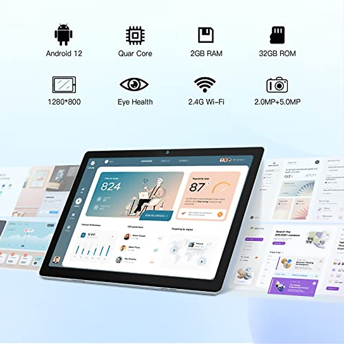 Mouikei 10 inch Tablet Android 12 Tablets, Quad-Core Tablet PC, 32GB ROM 128GB Expand, 5000mAh,1280x800 HD Touch Screen, Bluetooth, WiFi, Dual Camera, GPS, Silver