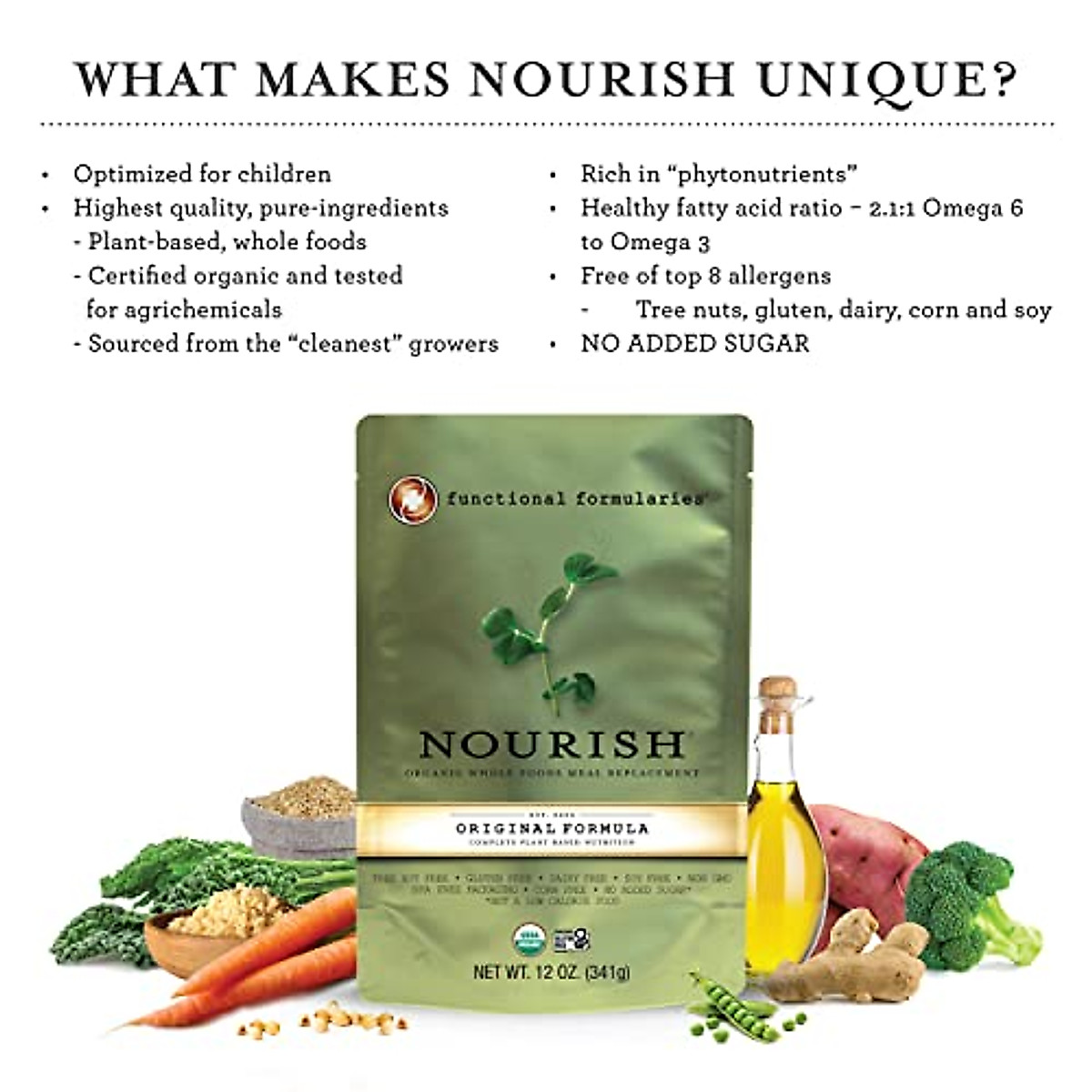 Functional Formularies Nourish Peptide Organic Tube Feeding Formula and Nutritional Meal Replacement Supplement, 12 Oz Pouch, Pack of 12