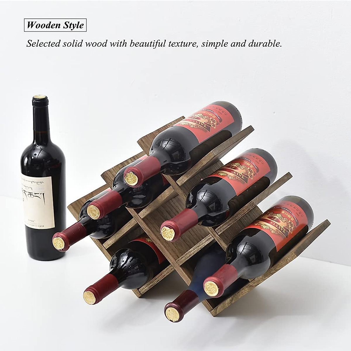 KIRIGEN 8-Bottle Countertop Wine Rack - Wine Bottle Holder for Bar Table/ Wine Cabinet Free Standing - Wood 3-Tier Wine Display and Storage Shelves Dark Brown XHJJ3-DBR