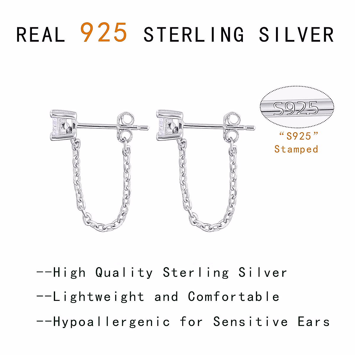 Reffeer 925 Sterling Silver CZ Chain Studs Earrings Dangle for Women Teen Girls CZ Chain Drop Earrings Studs (A-Silver)