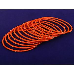 Touchstone New Silk Thread Bangle Collection Indian Bollywood Handcrafted Faux Silk Thread Exotic Look Golden Beads Carrot Orange Designer Bangle Bracelets Set of 12 for Women.