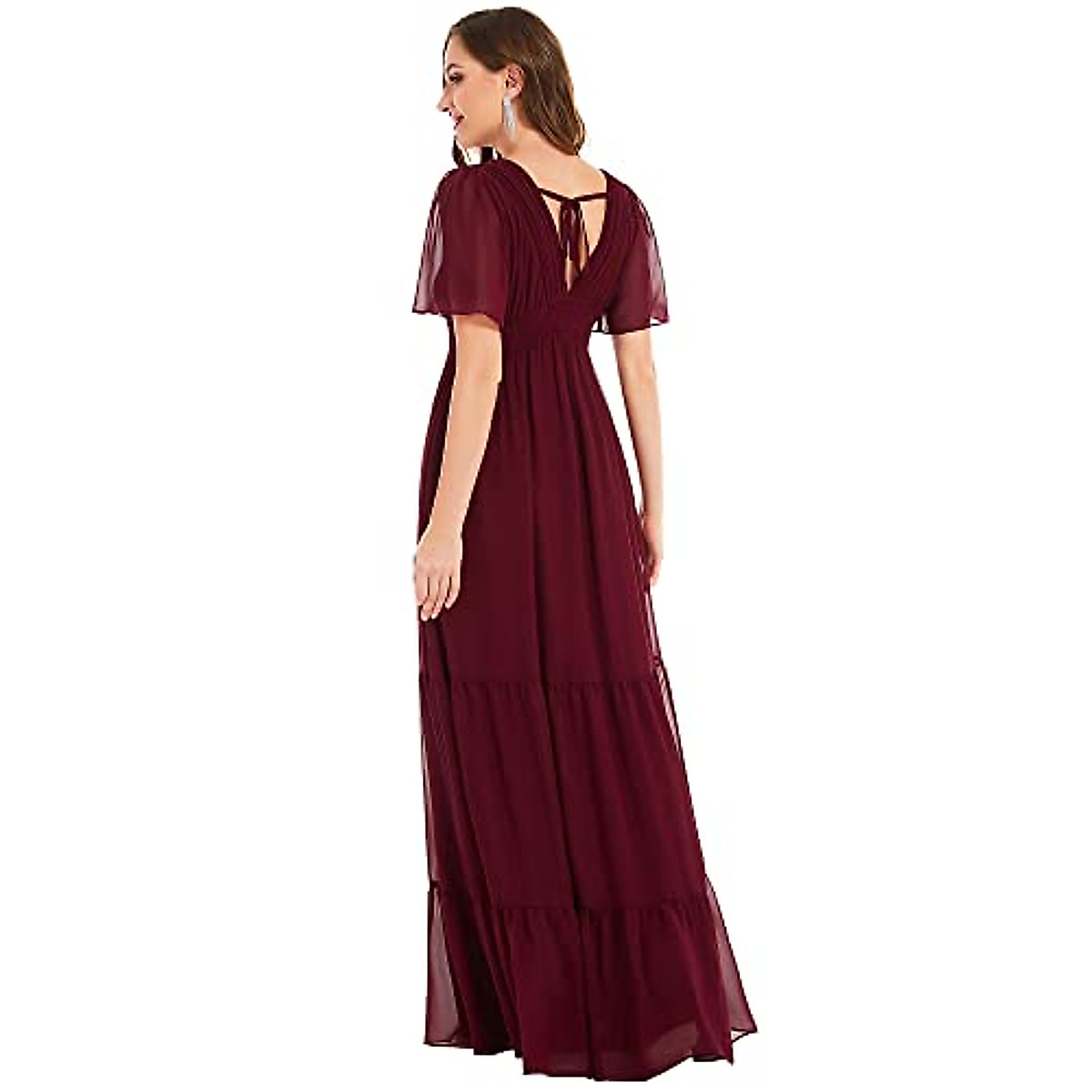 Ever-Pretty Women's Chiffon V Neck Back Lace up Short Sleeves Pleated Maxi Bridesmaid Dress Burgundy US10