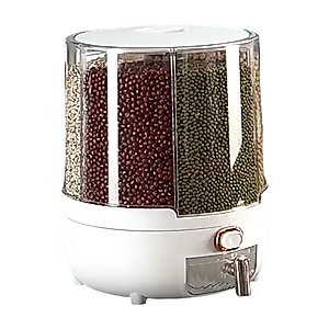 Rice Containers, 360 Degree Rotating Dry Food Dispenser with 6 Compartments Holder, Clear Grain Dispenser, Grain Storage Bin for Rice & Beans (10KG Capacity)