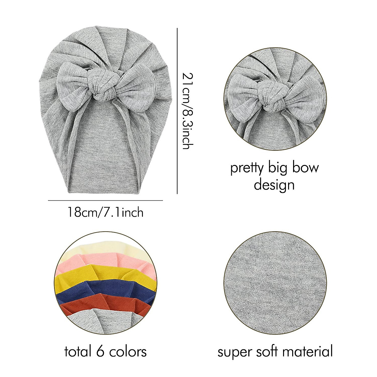 Cinaci 6 Pack Soft Stretchy Turban Hats with Knotted Big Bow Caps Beanies Bonnets Headwraps Hair Accessories for Baby Girls Newborns Infants Toddlers Kids