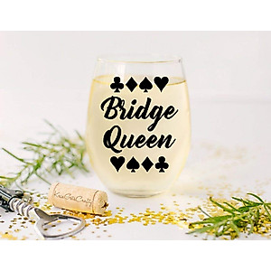 Bridge Card Game Player Prize - Bridge Queen - Gift for Grandma - Premium 21oz Stemless Wine Glass