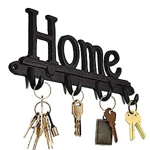 Cast Iron Decorative Wall Organizer Hooks - Home Decor Key Rack - Four Hanging Hooks - Hat Hooks, Bag, Coat Rack, Towel Hook, Accessories (12” x 6” x 1.5”)