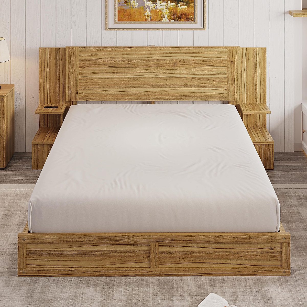 Queen Bed Frame with Rechargeable Nightstand, Wooden Platform Bed with Headboard, Sturdy and Noiseless, No Box Springs Needed, Easy to Assemble, Rustic Wood