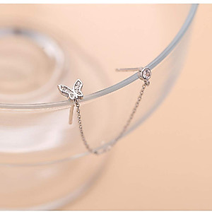 Double Holes Butterfly Halo CZ Small Stud Cuff Wrap Tassel Chain Crawler Climer Dangle Drop Earrings for Women Cartilage S925 Sterling Silver Piercing Animal Jewelry Gifts Daughter Sister