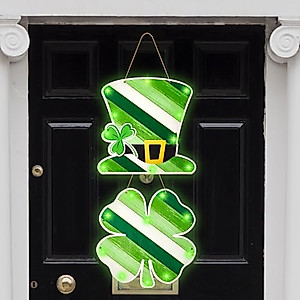 Bucherry 2 Pcs St Patricks Day Lighted Wooden Door Decorations 12" Hat Shamrock Irish Hanging Welcome Door Sign, 2 Pcs 3 ft 10 LED Fairy Lights Green Battery Operated Lights St Patricks Day Home Decor