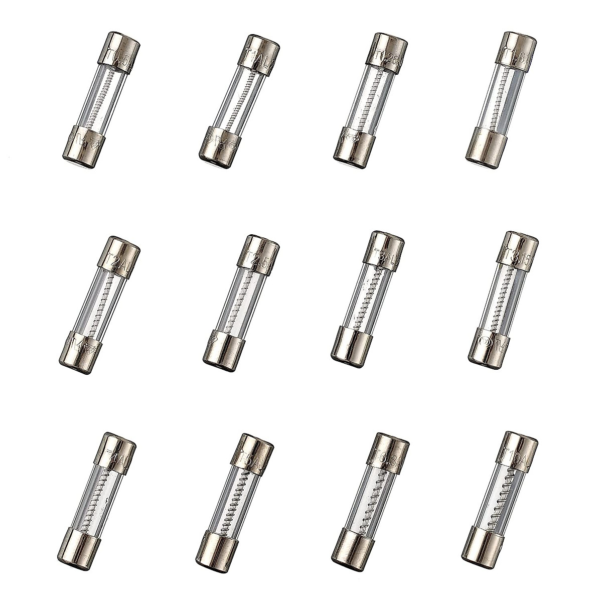 BOJACK 12 Values 60 pcs Slow Blow Glass Fuses Assortment Kit 5x20mm 250V T0.5A 1A 1.25A 1.6A 2A 2.5A 3A 3.15A 4A 5A 6.3A 10A packag in a Clear Plastic Box