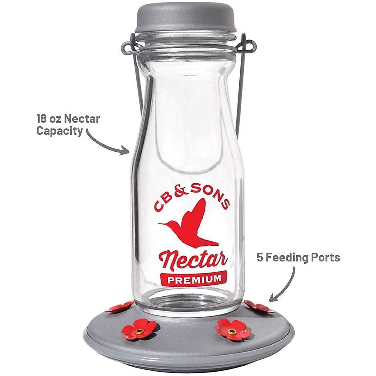 More Birds Jersey Hummingbird Feeder, Glass Milk Bottle Hummingbird Feeder for Outdoors, 5 Feeding Stations, 18 Ounces