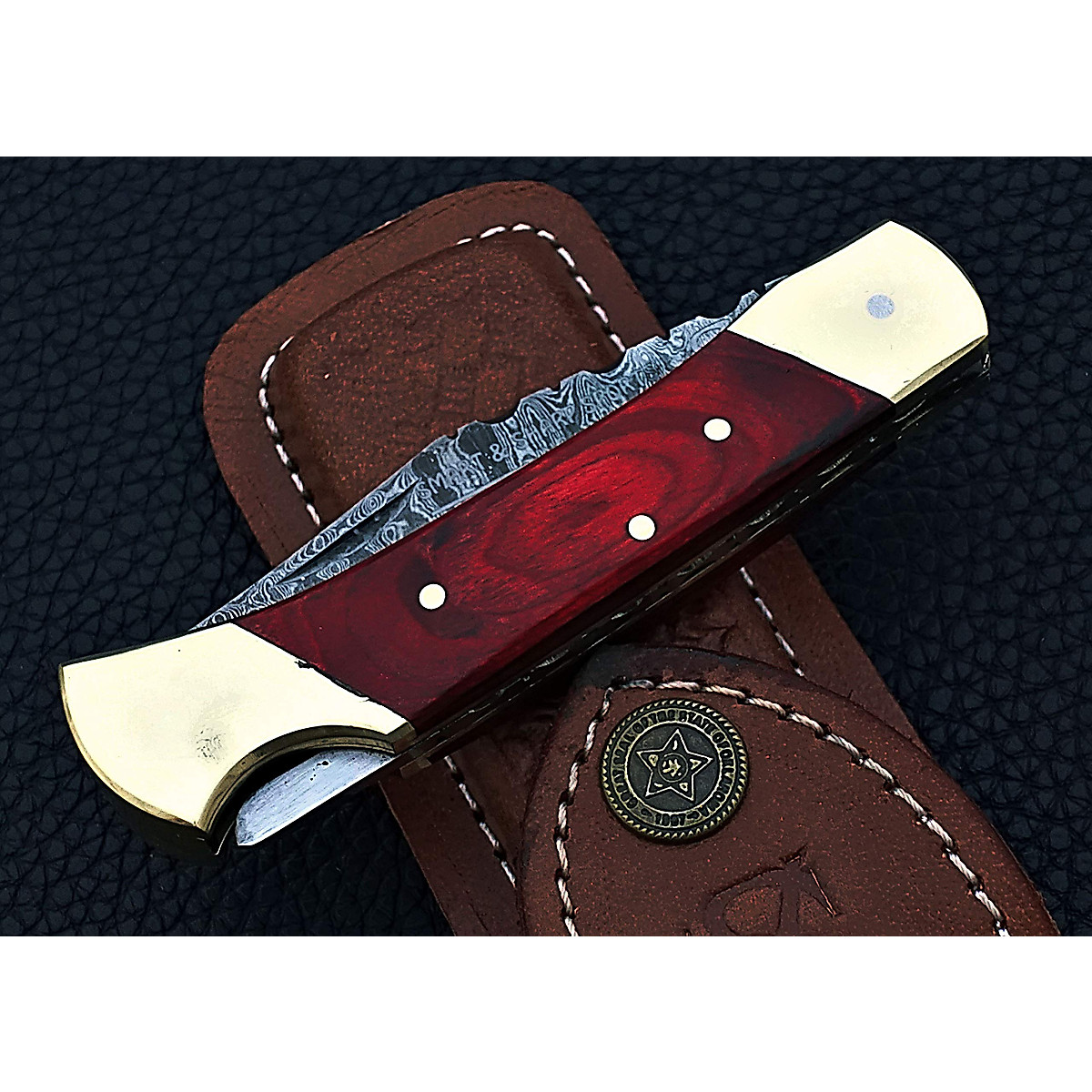 Smart & Sharp Custom Handmade Damascus Steel Folding Knife/Pocket Knife AR-17394 (Red Colored wood) (Red)