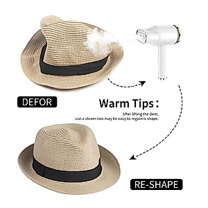 DressVoguer Straw Fedora Hat for Women Men Short Brim Panama Hat Roll Up Trilby Summer Beach Sun Hat UPF 50+ Beige