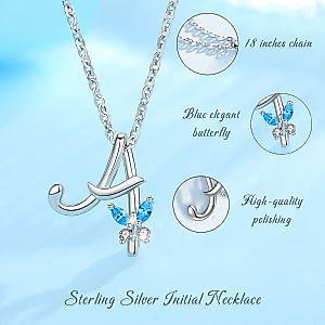 EUDORA Sterling Silver Initial A Necklaces for women Alphabet A Necklace Initial Personalized Letter A Pendant with Blue Cubic Zirconia Butterfly for Mom 18" Chain