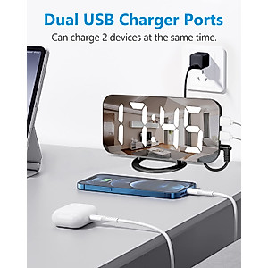 Digital Alarm Clocks,7" LED Mirror Electronic Clock,with 2 USB Charging Ports,Snooze Mode,Auto Adjust Brightness,Modern Desk Wall Clock for Bedroom Living Room Office - Black