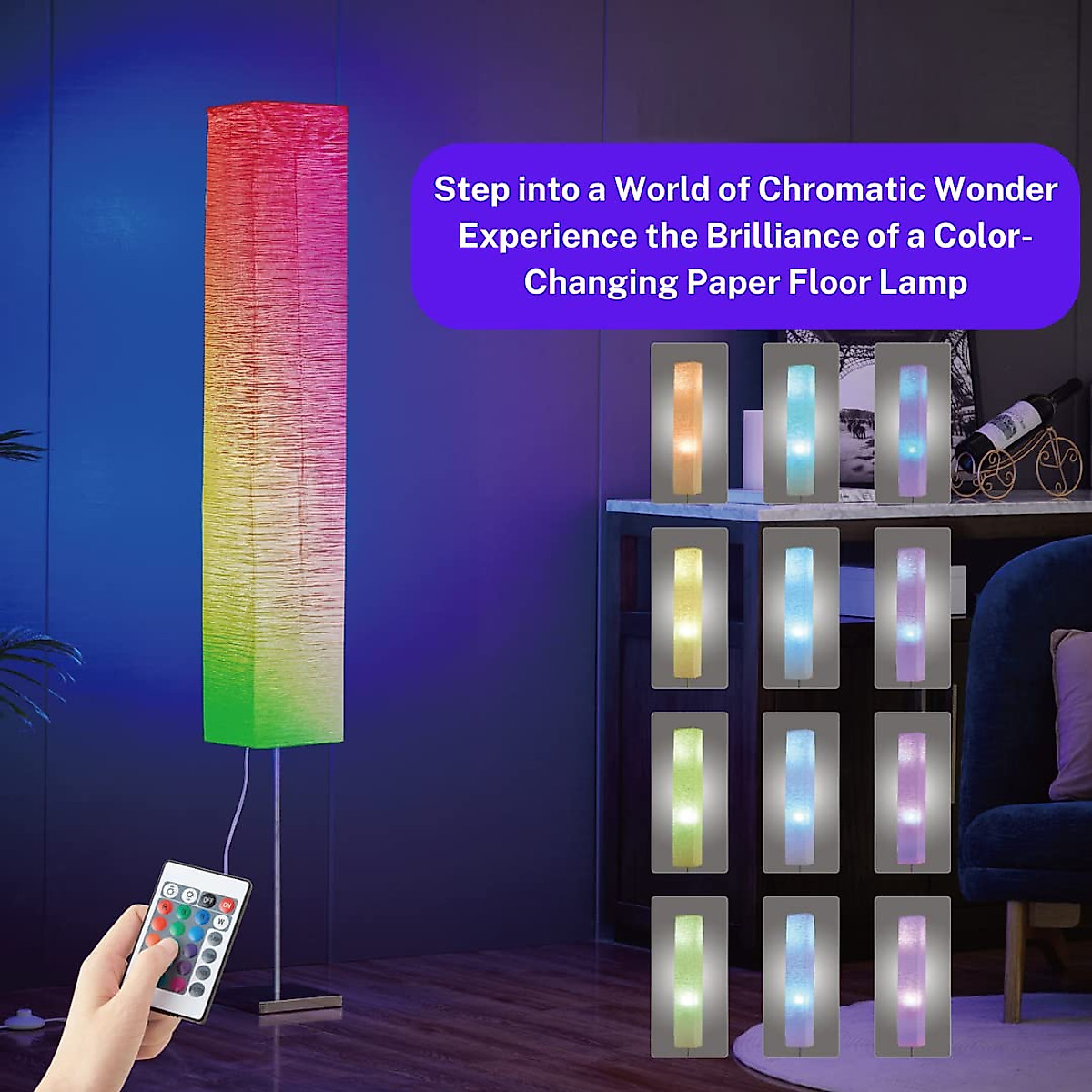 LIGHTACCENTS Honors Color Changing Floor Lamp With Two RGB LED Bulbs And Remote Control - Select From 4 Color Changing Modes. The Remote also has a built-in dimmer.