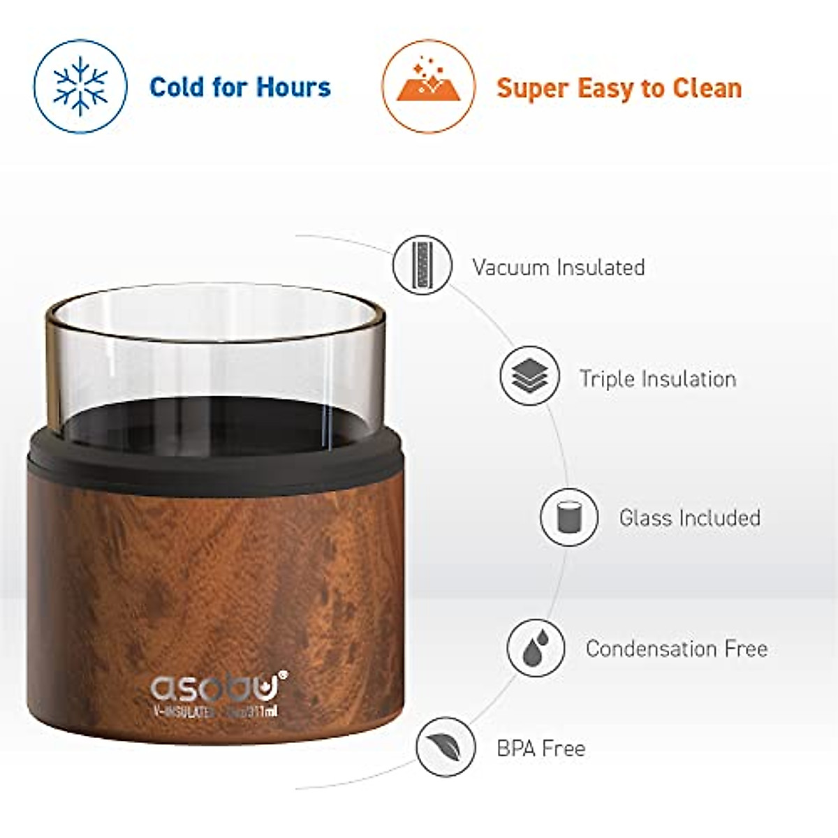 asobu Whiskey Glass with Insulated Stainless Steel Sleeve, 12 ounces (Natural Wood)