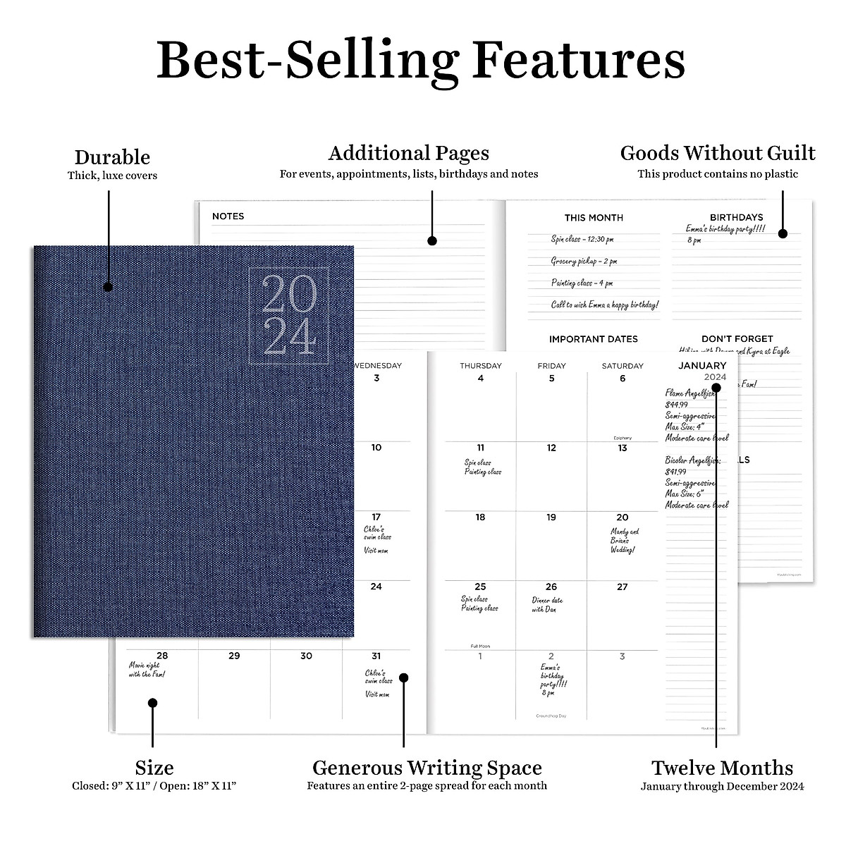 TF PUBLISHING 2024 Denim Large Monthly Planner | 2 Page Spreads with Large Calendar Grid and Inspirational Planning Prompts | 12 Month Calendar for School and Work | 9"x11"