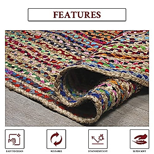 Hand Braided Cotton and Jute Rug - 4x6 feet Oval Reversible Farmhouse Accent Area Rug Boho Rustic Home Decor Colorful Recycled Chindi Carpet