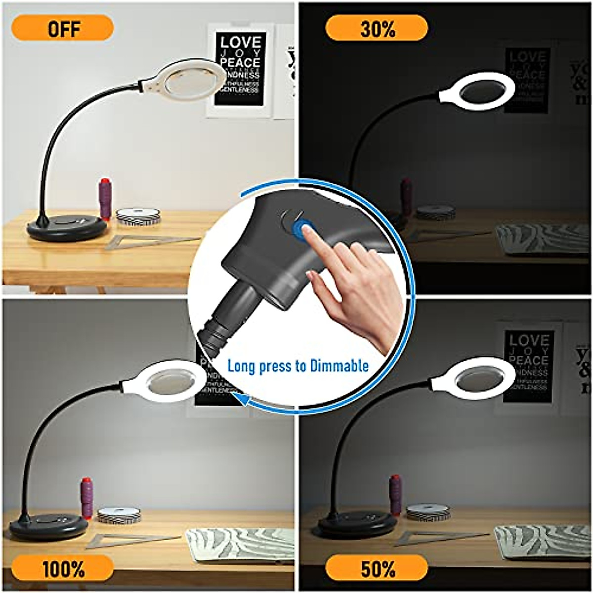 2 USB Rechargeable 5X Magnifying Glass with Light and Stand, Large Desktop Magnifying Lamp for Reading, Hobbies, Crafts, Workbench