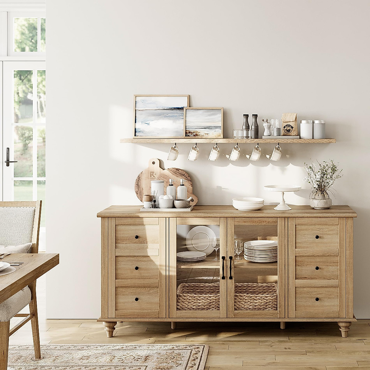 WAMPAT Sideboard Buffet Cabinets with Glass Door, Kitchen Storage Cabinets, Wood Coffee Bar Tables, Accent Sideboard Storage Cabinet Table Dining Room, Living Room,Oak