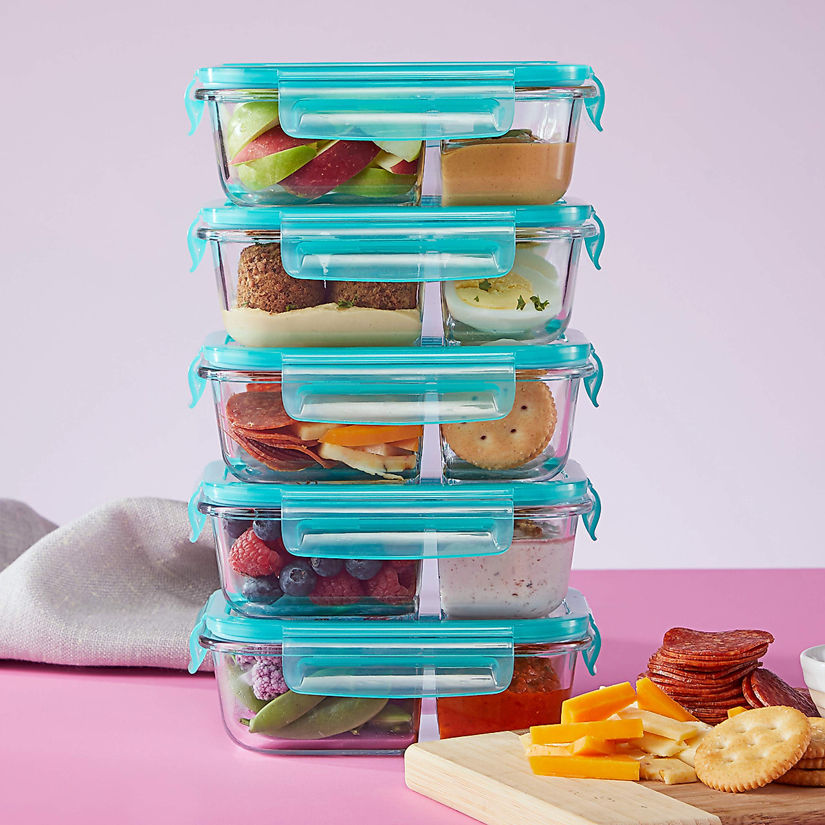 Pyrex Mealbox 10-Pc Bento Box Set, 2.3-Cup Divided Glass Food Storage Containers Set, Non-Toxic, BPA-Free Latching Lids, Freezer, Microwave and Top-Rack Dishwasher Safe, Compartment Bento Lunch Box