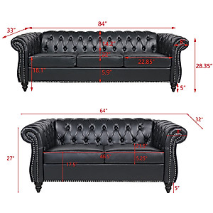 RARZOE Modern 2 Pieces Living Room Sofa Set, Contemporary Tufted Button Faux Leather Three-Seater Couch and Chesterfield Loveseat with Nailhead Trim Scroll Arms for Home Furniture (Black)