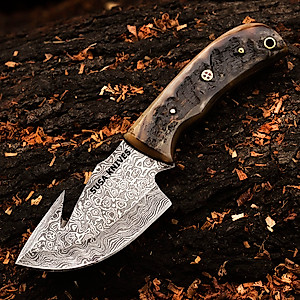 SUSA KNIVES Special Fixed Blade Hunting Knife, Beautiful Damascus Gut Hook Knife Made of Remarkable Damascus Steel Ram Horn Handle, with leather sheath (RAM HORN)