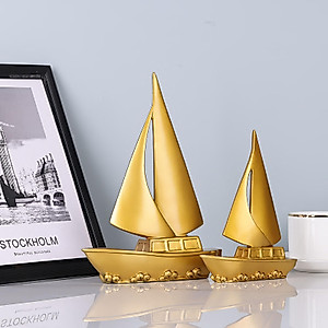 Gold Decor,2 Piece Golden Sail Boat Sculpture, Gold Modern Sculptures Home Deco,Golden Decor Ornament, Gold Decorations Statue Decor, Art Sculpture,Gold Gift Home Office Bathroom Shelf, Boat Sculpture
