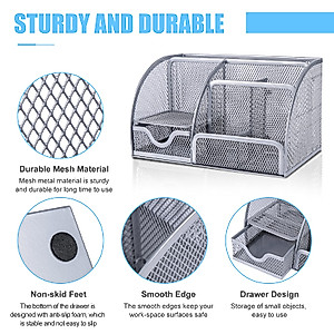 Desk Organizer Office Accessories, Multi-Functional Mesh Desk Organizer with 6 Compartments and 1 Drawer for Home, Office, School, Workshop, kitchen (Silver)