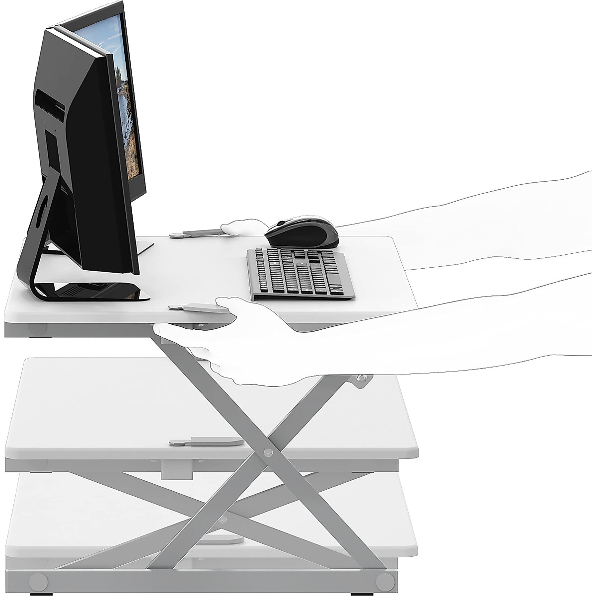 SHW 32-Inch Height Adjustable Standing Desk Converter Riser Workstation with Drawer, White
