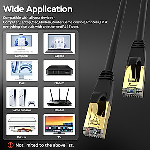50ft ethernet Cable，Cat 8 Ethernet Cable with 40Gbps 2000Mhz High Speed Internet Cable,50 Foot LAN Cable, Gold Plated RJ45 Connector for Modem/Router/PS3/4/5/Gaming/PC, Black