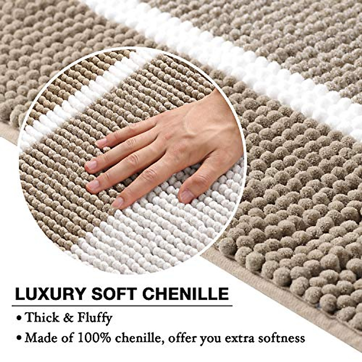 Super Absorbent Tufted Chenille Rug with Non Slip Backing, Gradient Taupe Stripe Pattern Microfiber Bath Rug, Machine Washable Thick Bathroom Floor Mat for Tub Shower, (20×32 inch, Taupe)