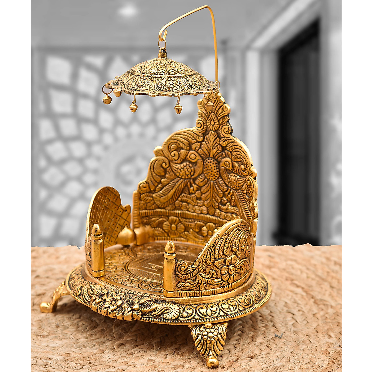 Nirmal Handicraft Gold Metal Handicraft Pooja Jhula | Swing| Palana | Ladoo Gopal Singhasan |Nand Gopal Palana | Hindola for Ladoo Gopal, Laxmi ji and Ganesh Ji