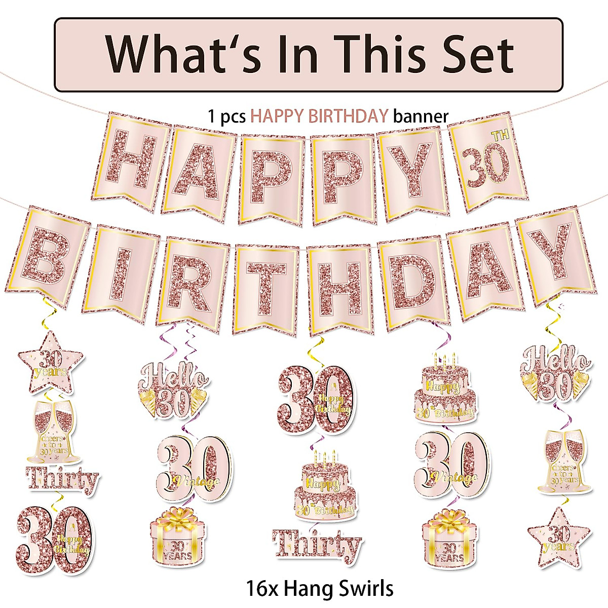 30th Birthday Decorations for Women, Rose Gold 30th Birthday Decorations Includes 30th Birthday Banner and Hanging Swirls for Women, 30th Birthday Party Supplies 17PCS