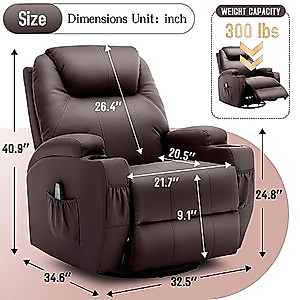 Korser Recliner Chair, Rocking Chair with Massage and Heat, 360° Swivel Recliner Chairs for Adults, Rocker Manual Recliner with Remote Control and Cup Holder for Living Room, Bedroom, Nursery