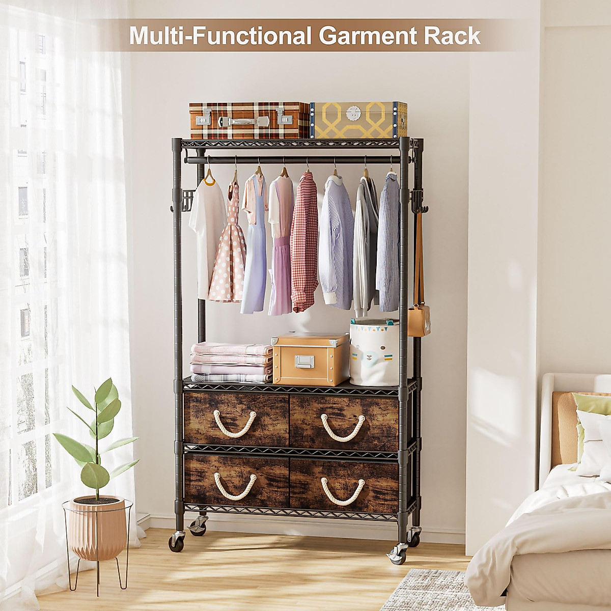 Maiproo Clothes Rack with Drawers Rolling Heavy Duty Clothing Racks for Hanging Clothes Garment Rack with 4 Fabric Drawers Adjustable with Double Side Hooks Wardrobe Closet Portable Storage Black